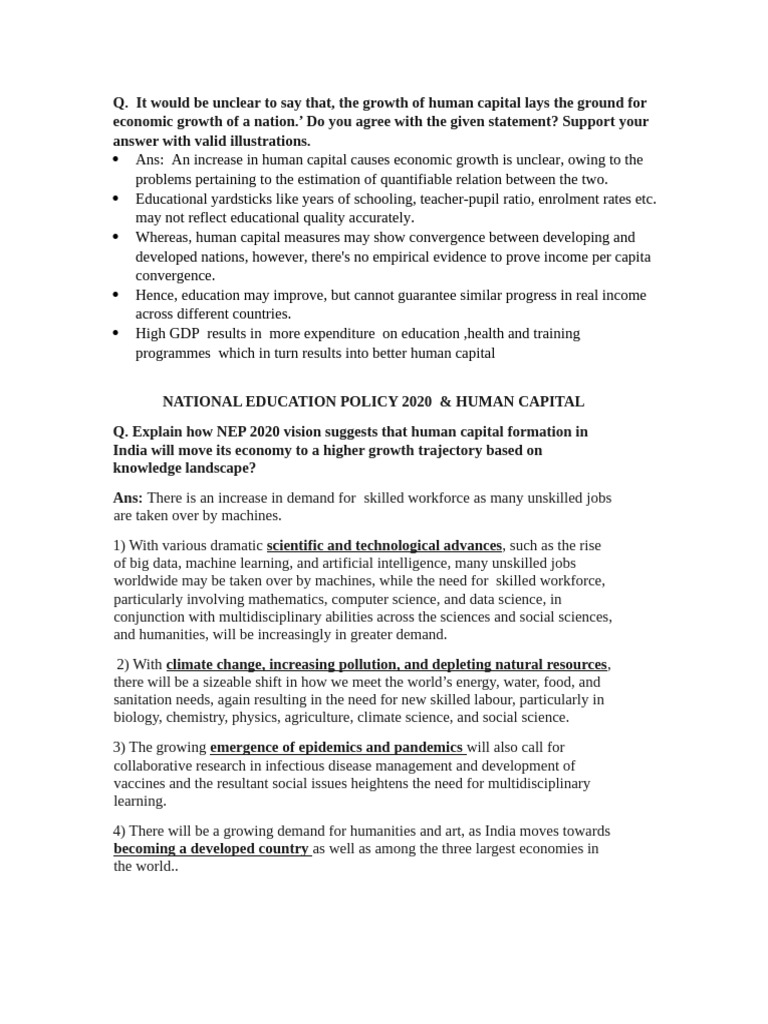Extra Questions For ch-4 Human Development | PDF | Economic Growth | Human Capital