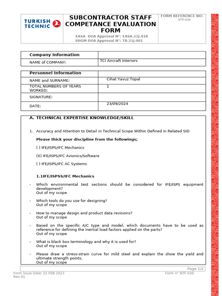 Ntf-030-Sid Ife - Subcontractor Staff Competance Evaluation Form | PDF