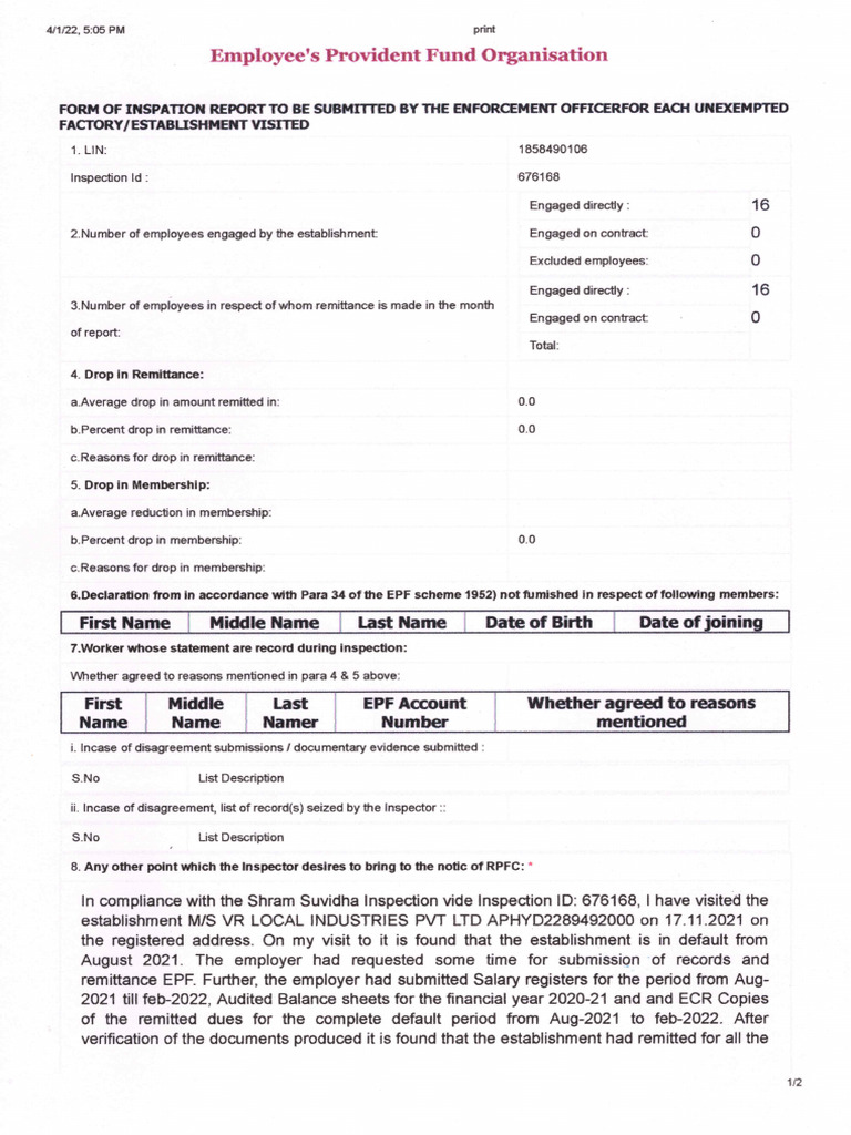 EPF Inspection Report For Vrlocal | PDF