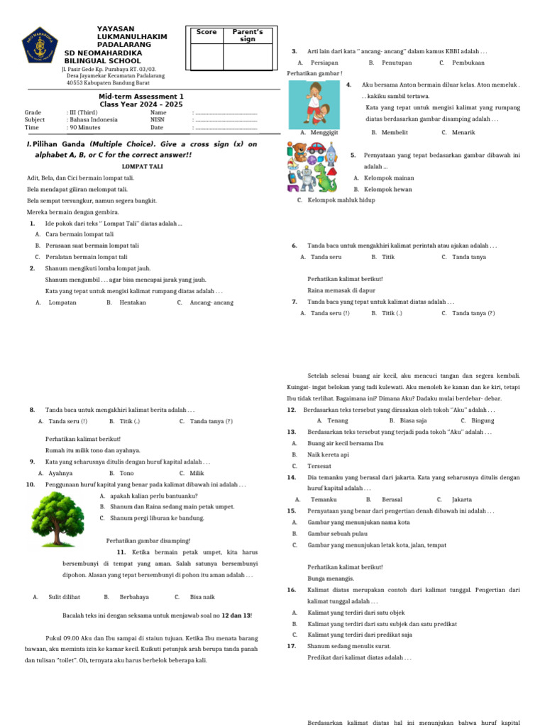 Soal PTS B Indonesia Kelas 3 | PDF