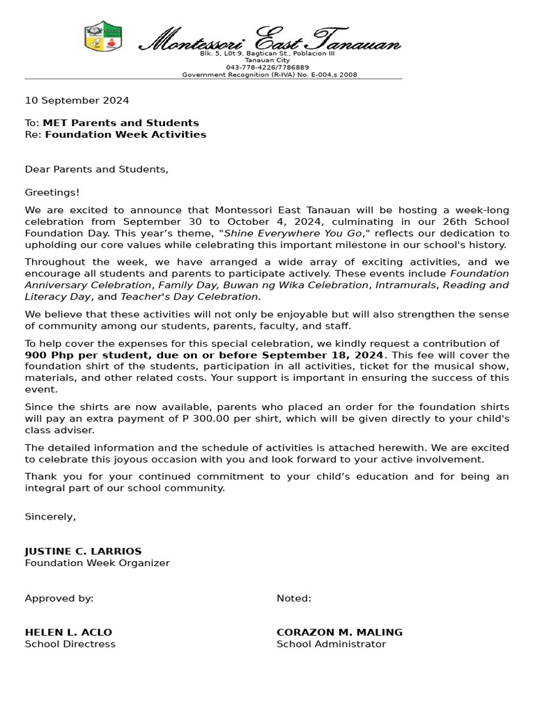 Letter To Parents Foundation Activities and Fees 1 | PDF