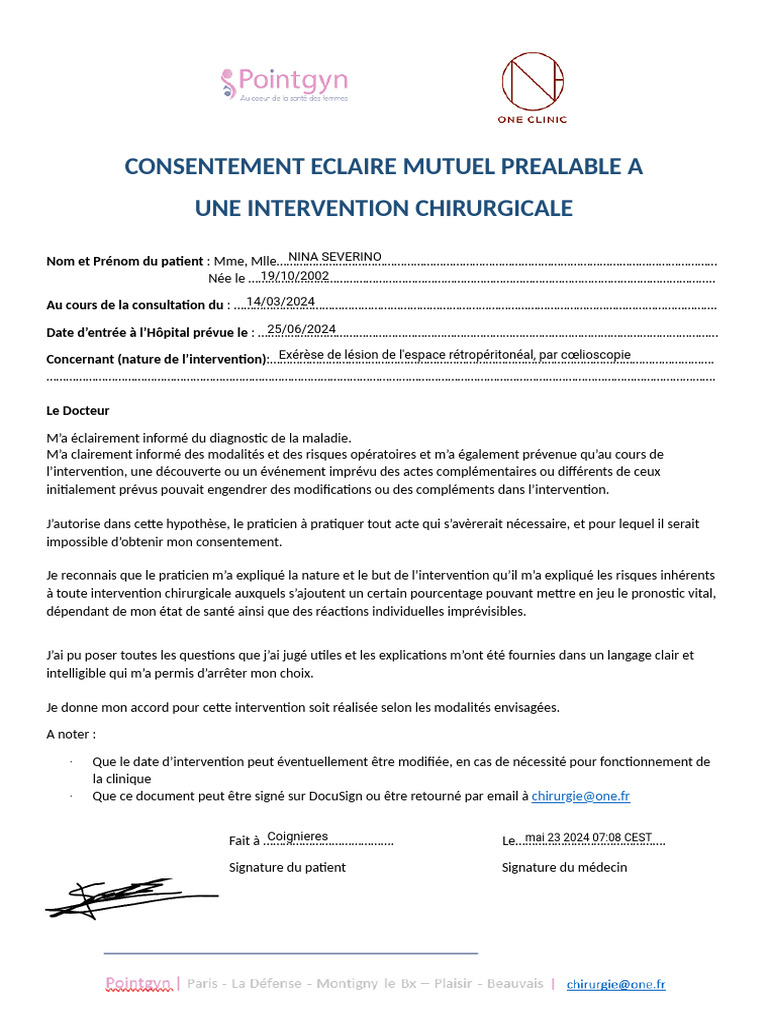 CONSENTEMENT CHIRURGIE_COELIOSCOPIE | PDF