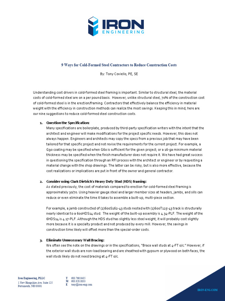 9 Way Cold-Formed Steel Contractors Can Reduce Costs | PDF | Framing ...
