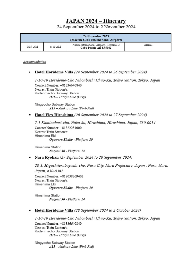 Japan 2024 Travel Itinerary Guide | PDF | Passenger Rail Transport | Train