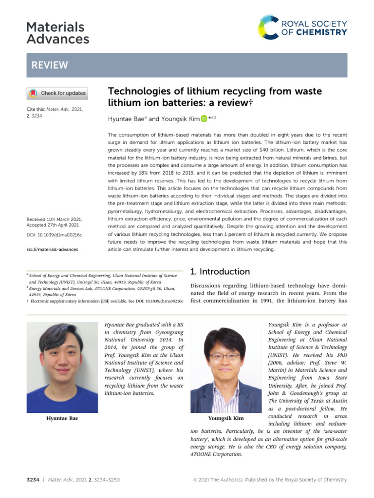 Technologies of Lithium Recycling From Waste Lithi | PDF