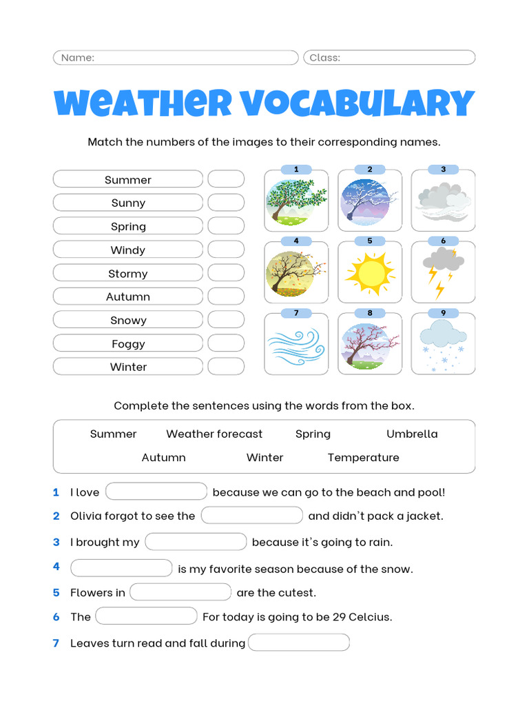 Weather Vocabulary Worksheet - 4tobasico | PDF