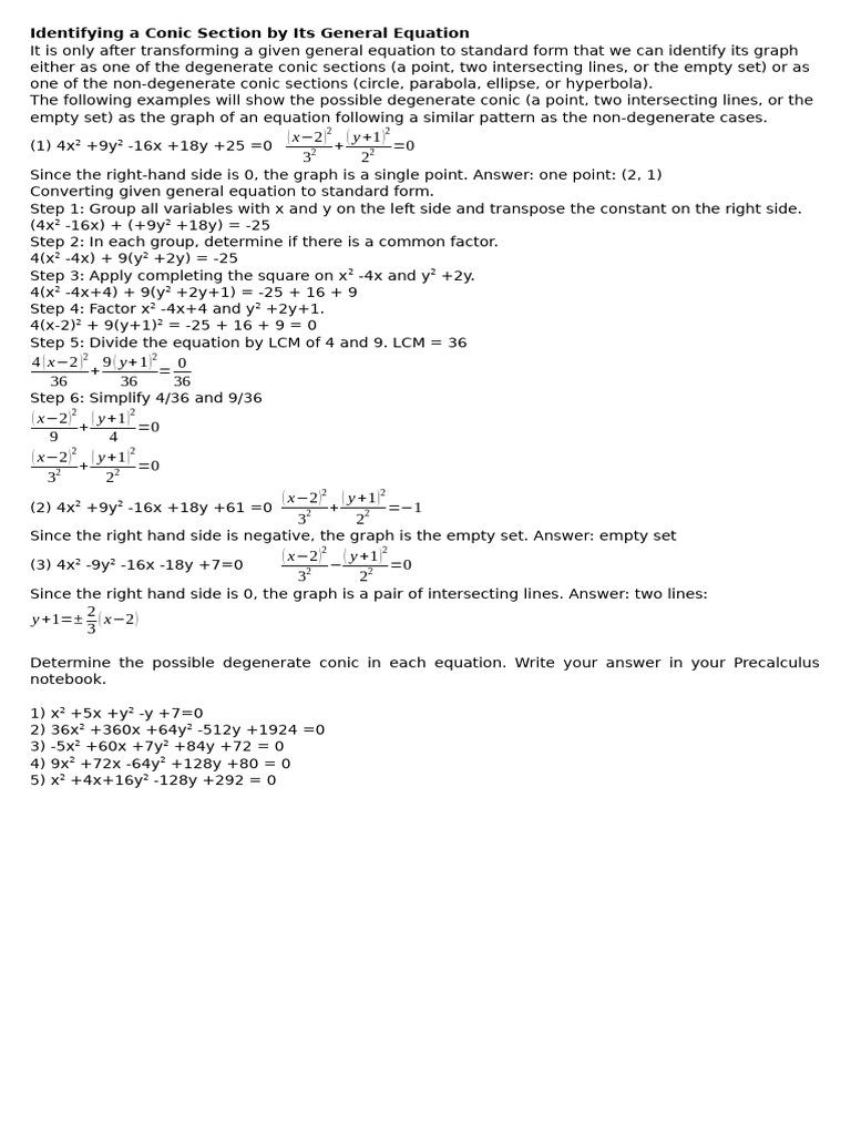 Week 6 Identifying A Conic Section By Its General Equation Pdf