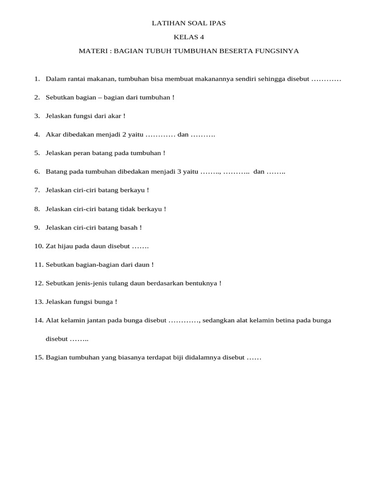 LATIHAN SOAL IPAS Bagian Tumbuhan Dan Fungsinya | PDF
