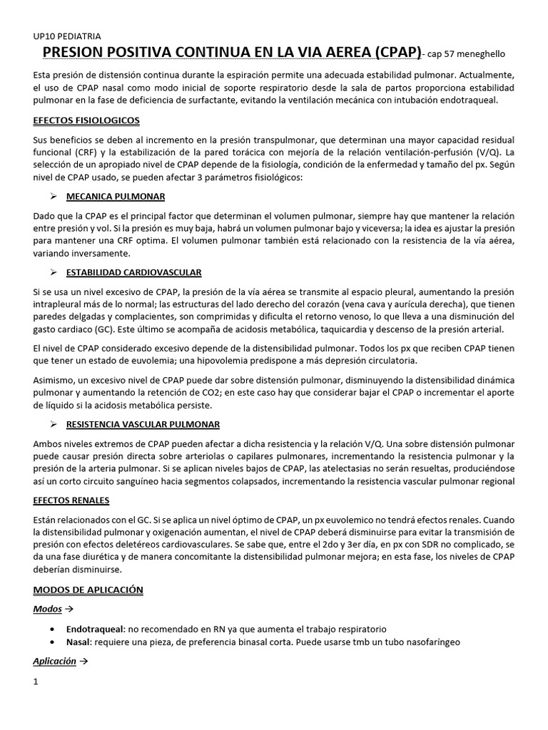 PRESION POSITIVA CONTINUA EN LA VIA AEREA (CPAP) (3) - Cap 57 Meneghello | PDF
