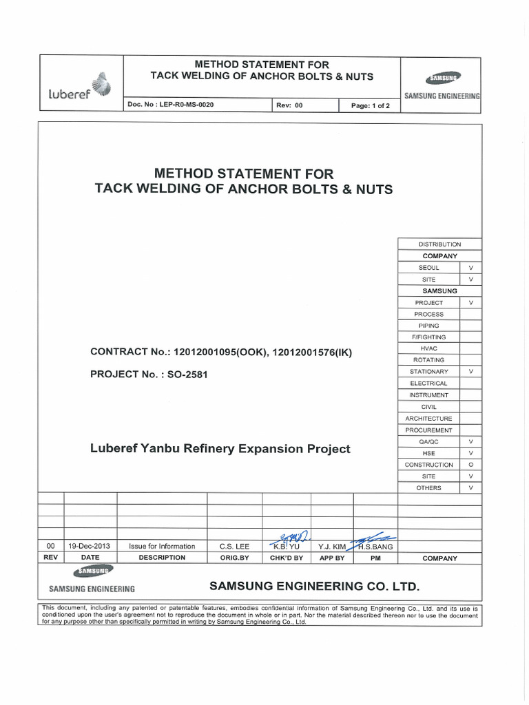 LEP-R0-MS-0020 - 00 Tack Welding of Anchor Bolts & Nuts | PDF