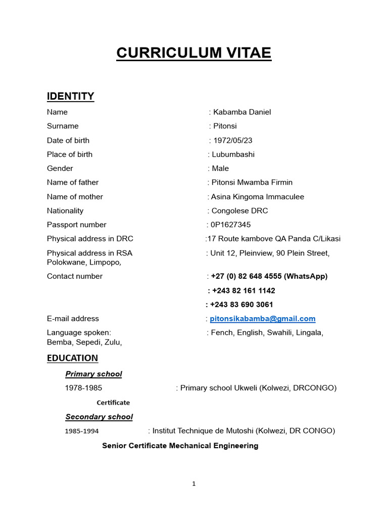 Pitonsi Kabamba Daniel Curriculum Vitae | PDF