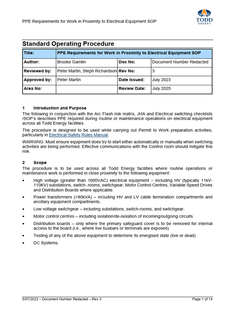 PPE-Requirements-for-Work-in-Proximity-to-Electrical-Equipment-SOP | PDF