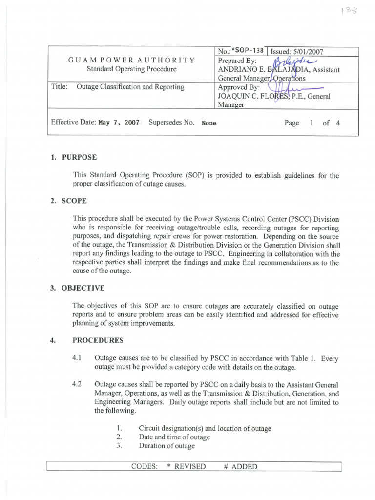 SOP 138 Outage Classification and Reporting Eff 5 07 07 9ed54b27ae | PDF