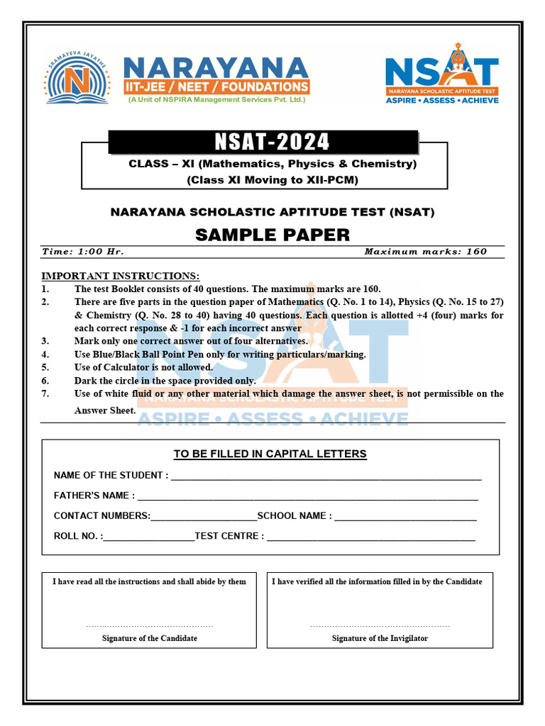 Class XI TO XII NSAT QP PCM | PDF | Mechanics | Quantity