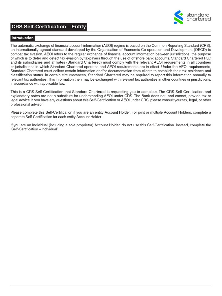In Crs Self Certification Form Entity | PDF