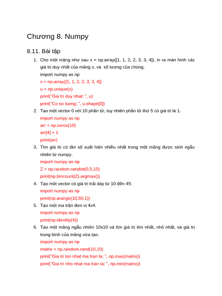 Bai Tap Chuong 8 - Numpy | PDF