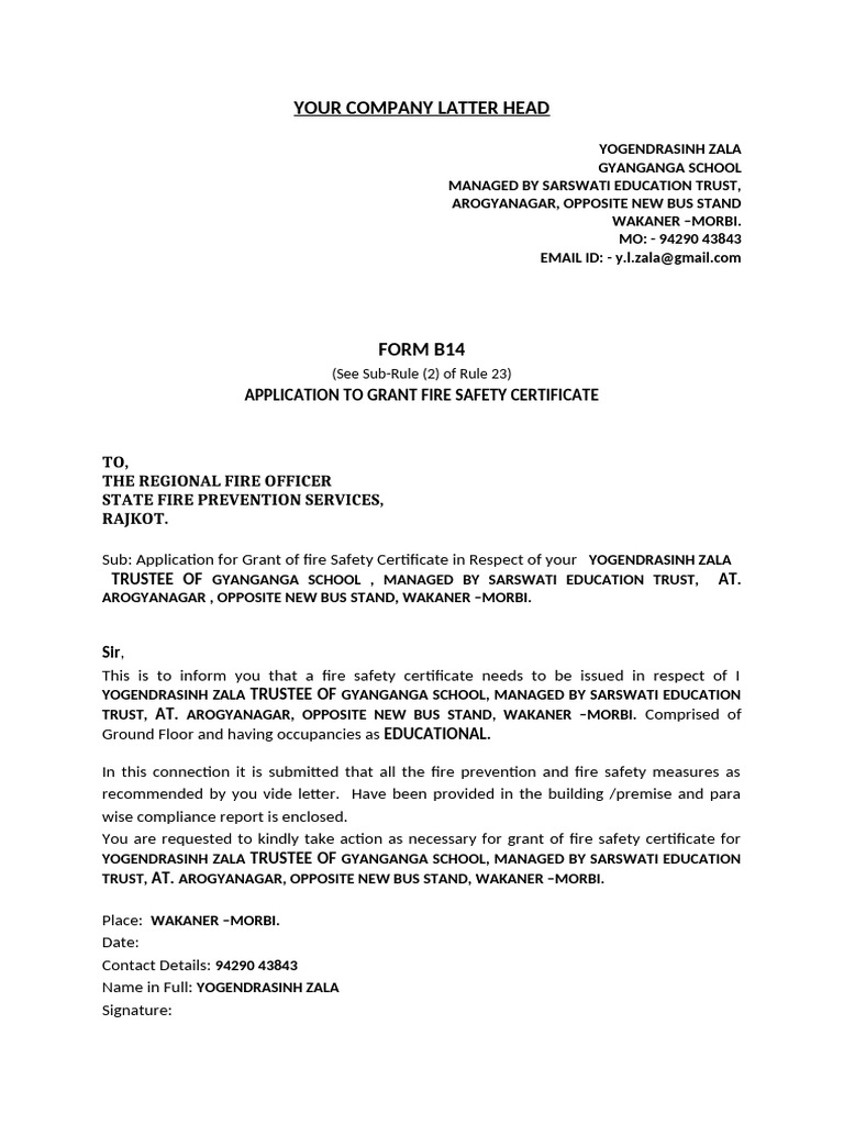 Fire Safety Certificate Application | PDF