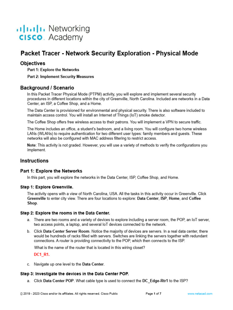 3.11.1 Packet Tracer Network Security Exploration Physical Mode (Answered) | PDF