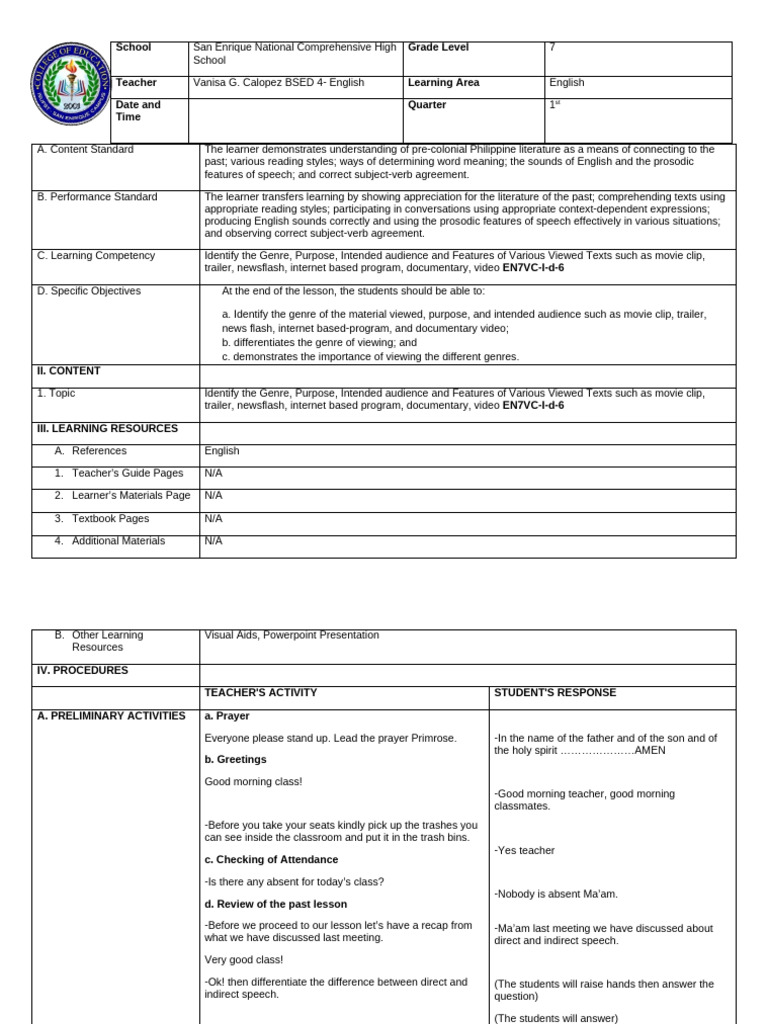 Grade 7 English Viewing Genres | PDF | Learning | Animation