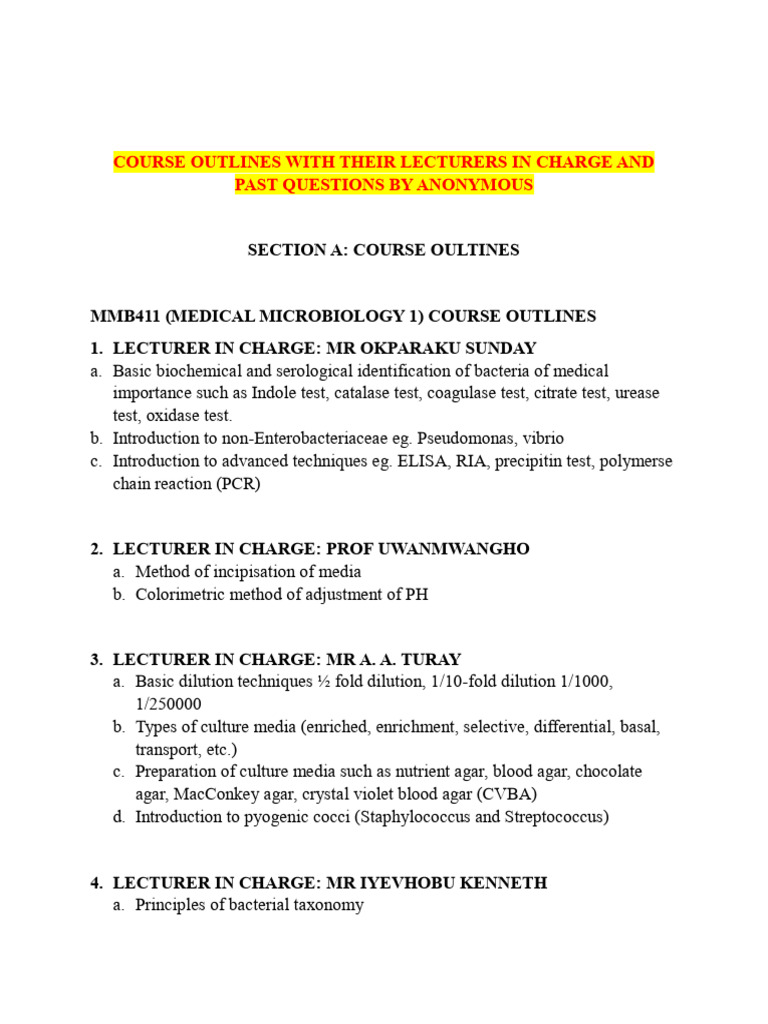 Mmb411 Course Outlines With The Lecturers in Charge by Anonymous | PDF