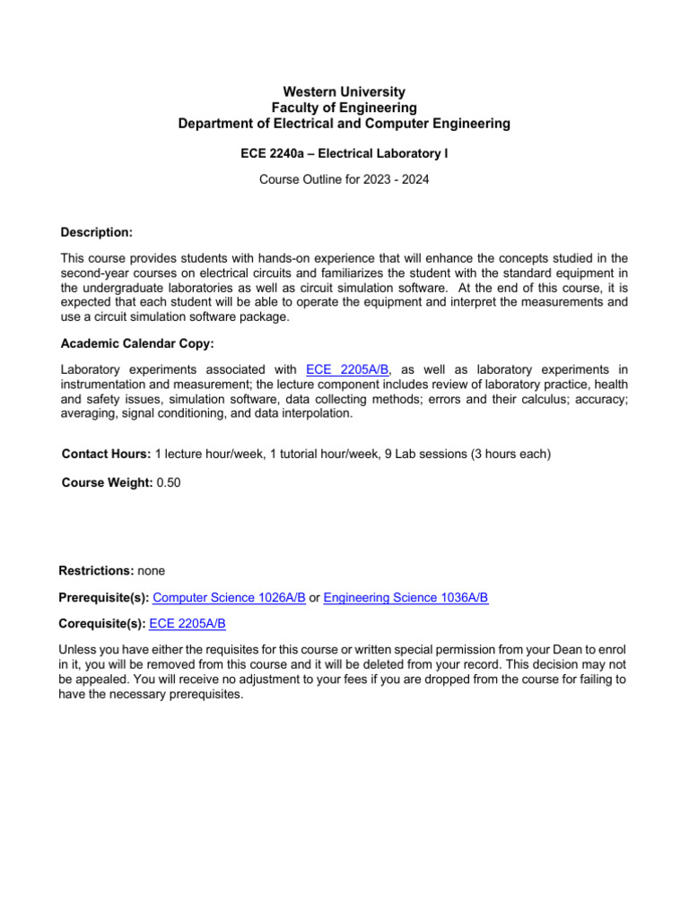 Updated ECE 2240a Course Outline F23 | PDF