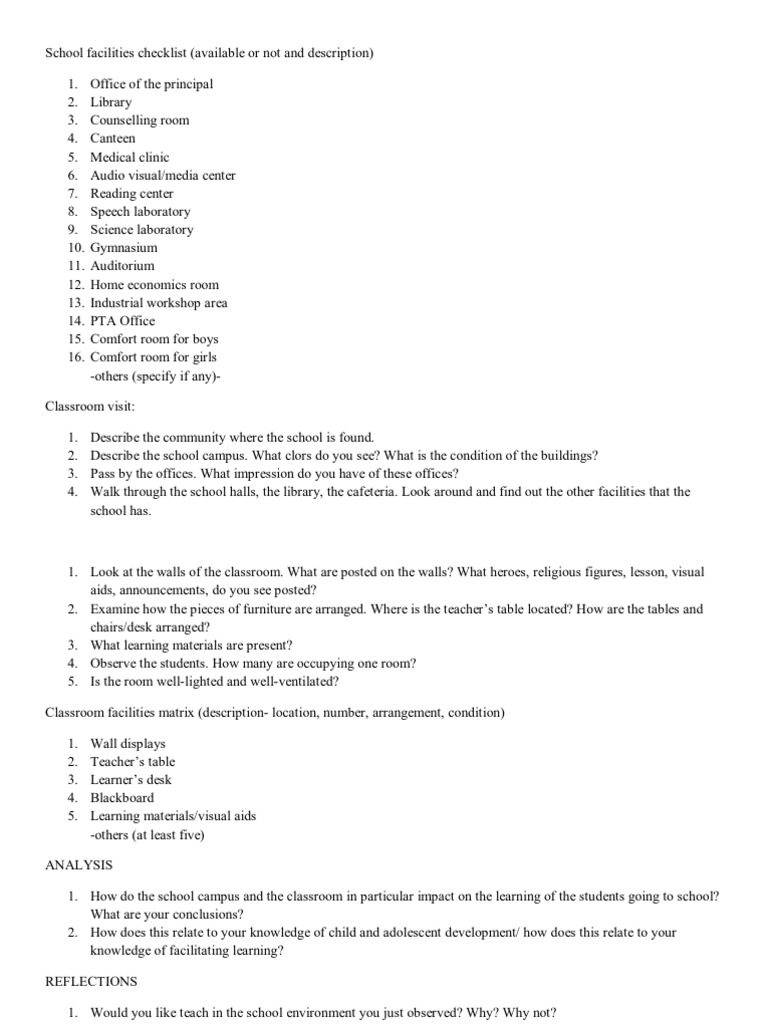School Facilities Overview Checklist | PDF