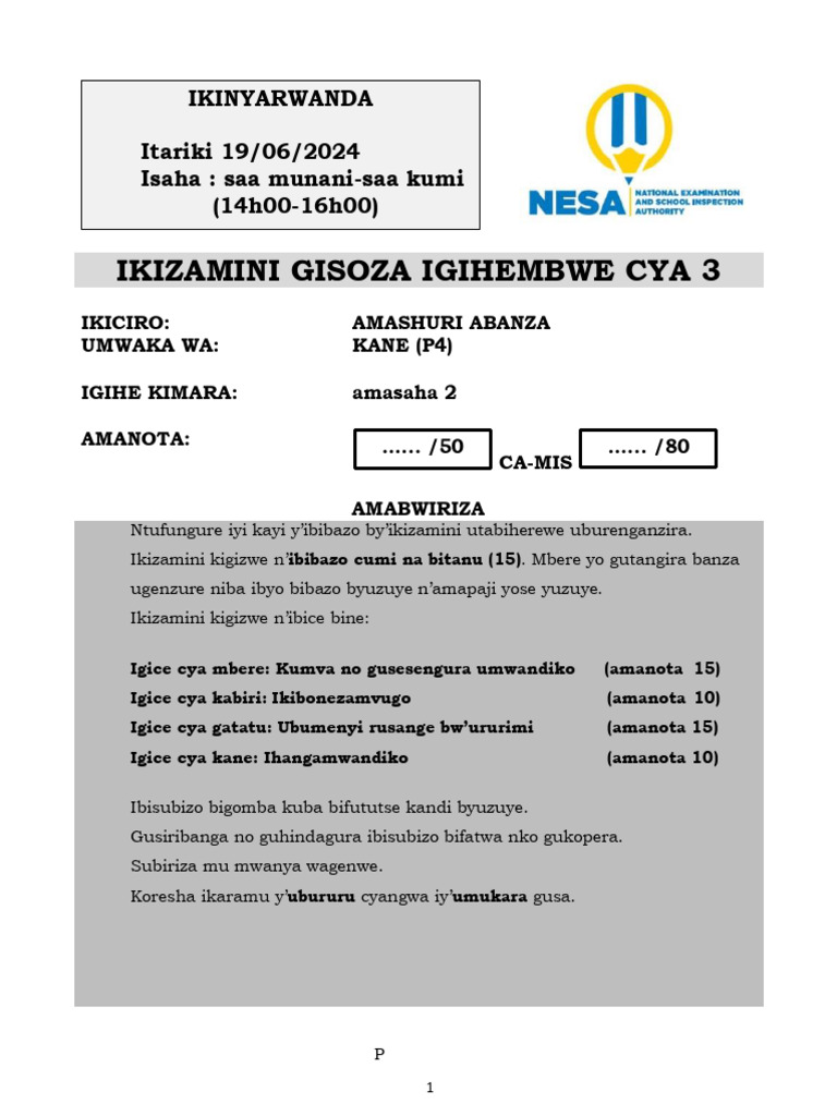 Ikizamini Gisoza Igihembwe Cya 3: Ikinyarwanda Itariki 19/06/2024 Isaha: Saa Munani-Saa Kumi ...