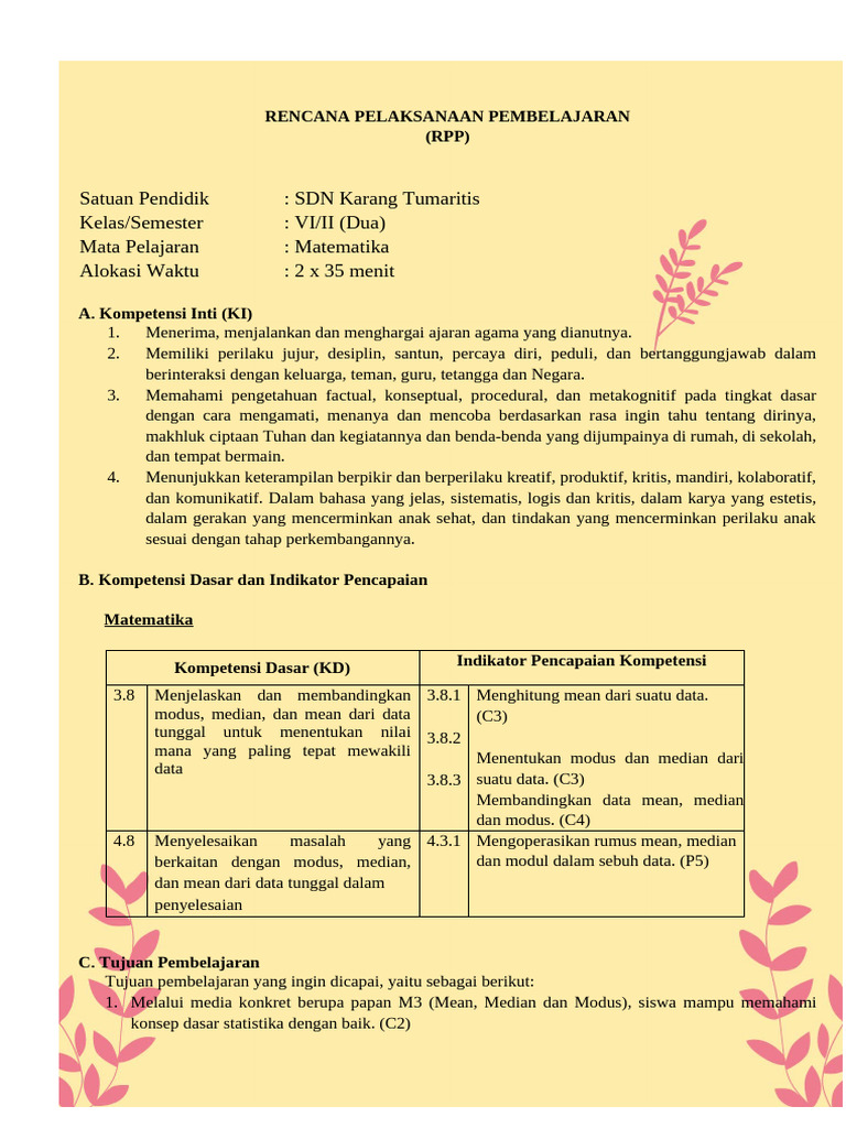 RPP Matematika Kls 6 - PMM | PDF