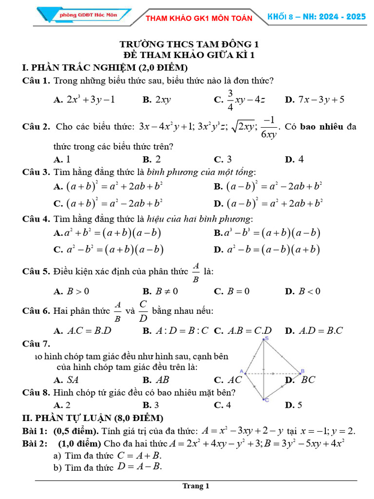 De Tham Khao Giua Ki 1 Toan 8 Nam 2024 2025 Phong GDDT Hoc Mon TP HCM | PDF