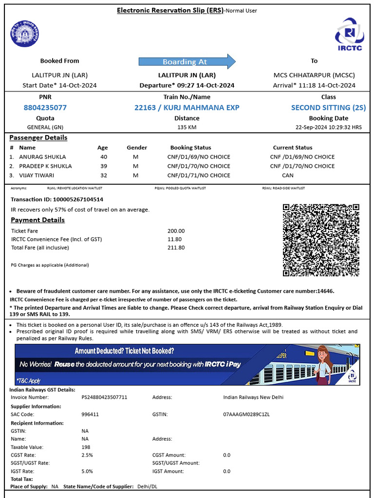 Revised Tickets Lalit Pur To MCS 8804235077 | PDF