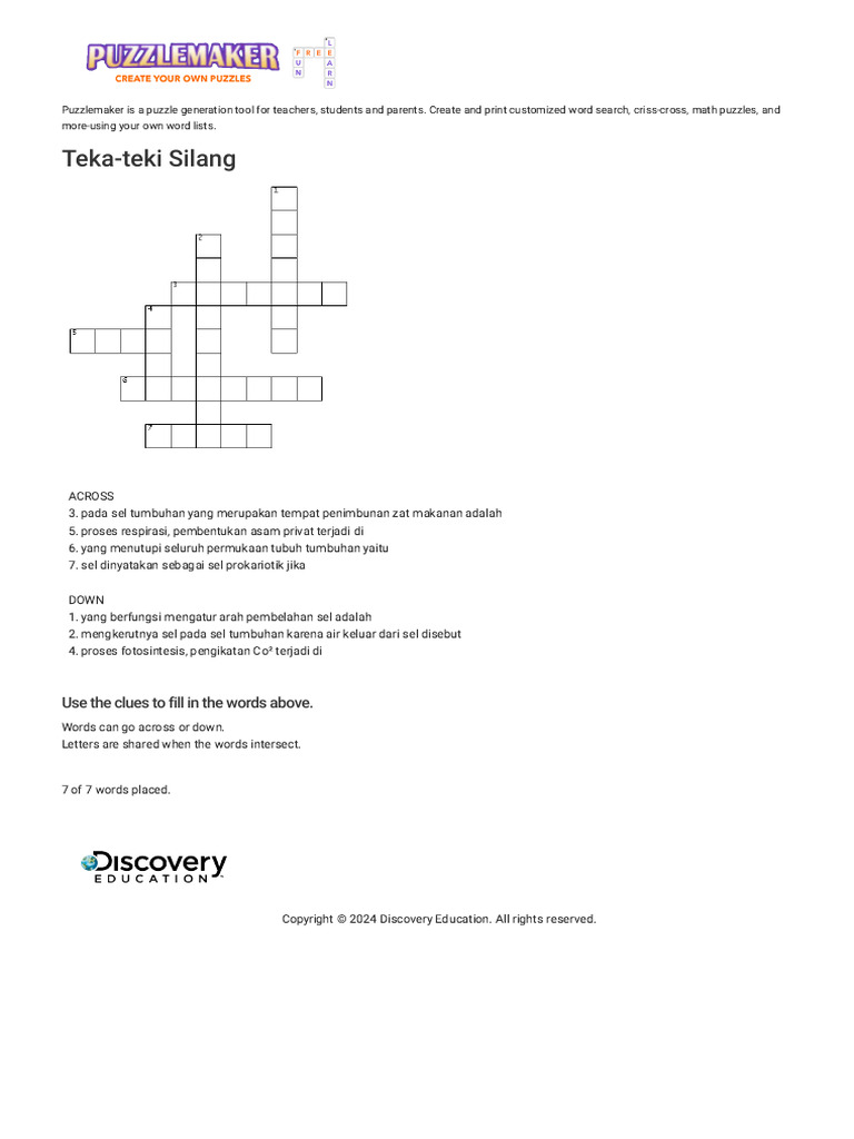 Criss Cross Puzzle - Discovery Education Puzzlemaker | PDF