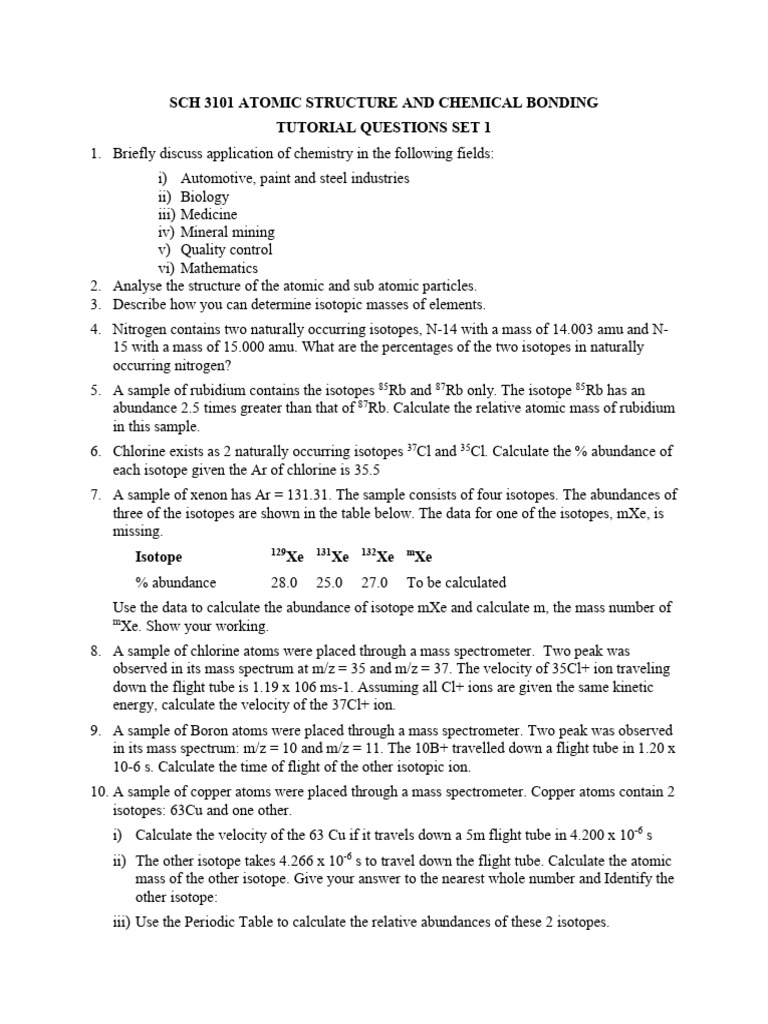 SCH 3101 Atomic Structure and Chemical Bonding Tutorial Set 1-2023V2 | PDF | Ionic Bonding | Ion