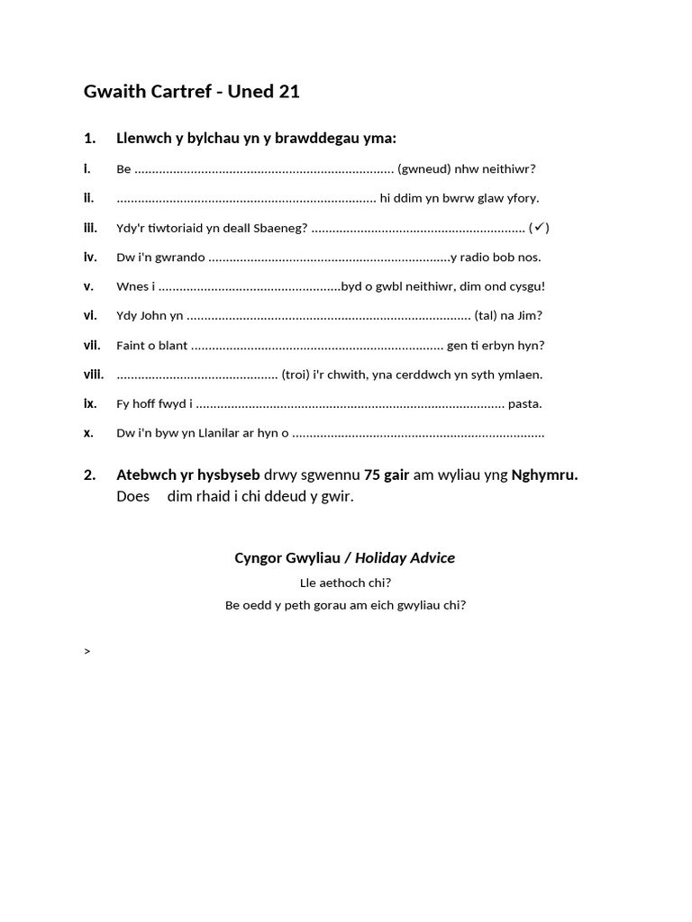 Gwaith Cartref Sylfaen Uned 21 Gogledd Cymru | PDF