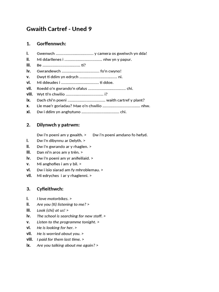 Gwaith Cartref Sylfaen Uned 9 Gogledd Cymru | PDF