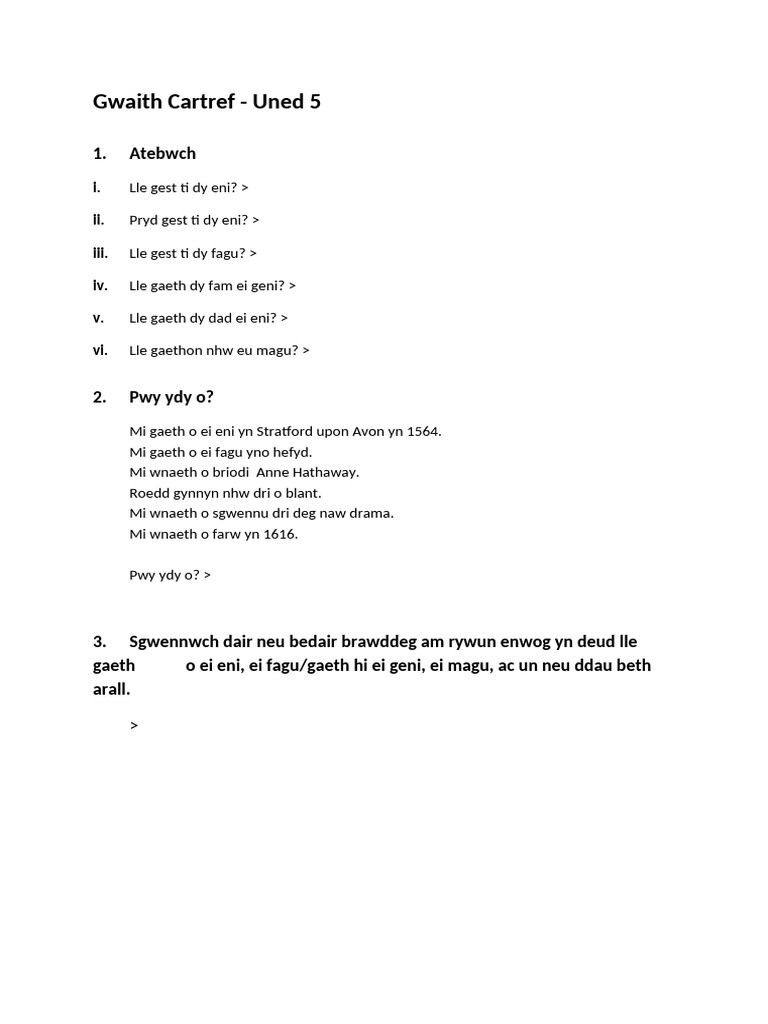 Gwaith Cartref Sylfaen Uned 5 Gogledd Cymru | PDF