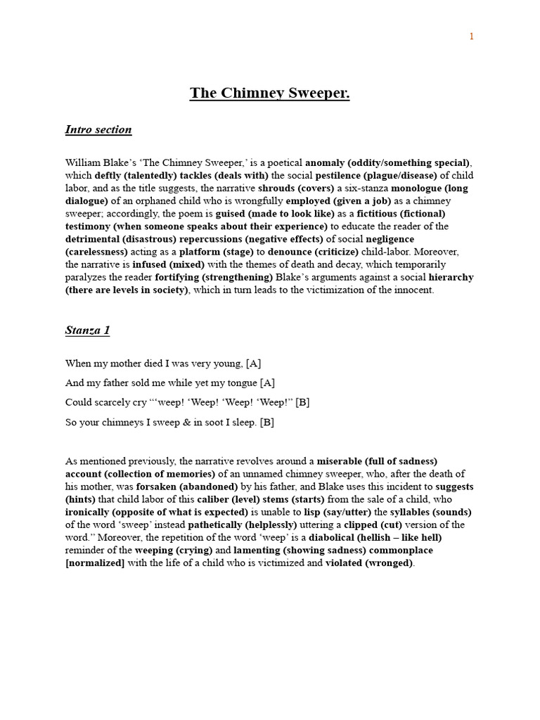 The Chimney Sweeper by William Blake Stanza by Stanza Analysis | PDF