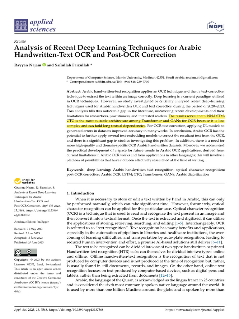 Analysis of Recent Deep Learning Techniques For Arabic Handwritten-Text OCR and Post-OCR ...