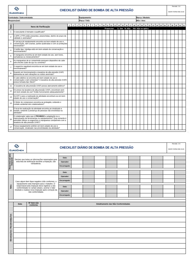 SDSP.form.HSE.0143 - Checklist Diário de Bomba de Alta Pressão_Revisão ...