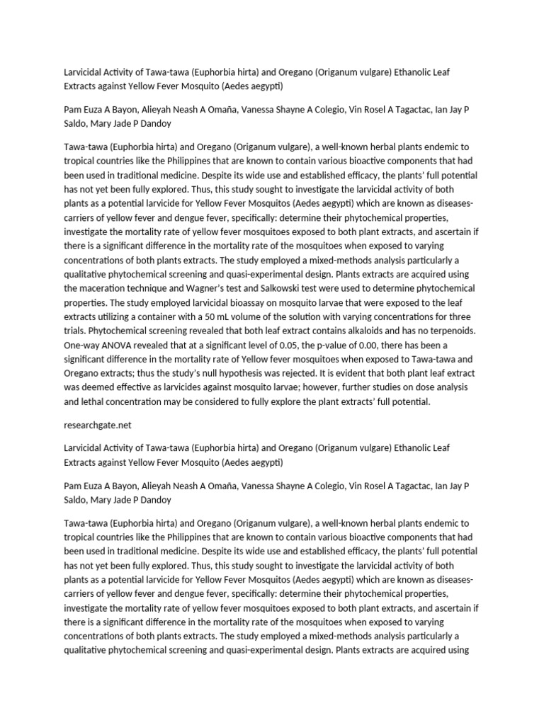 Larvicidal Acti WPS Office | PDF | Yellow Fever | Aedes Aegypti