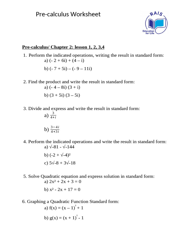 Pre-calculus chapter 2 - worksheet 3 | PDF