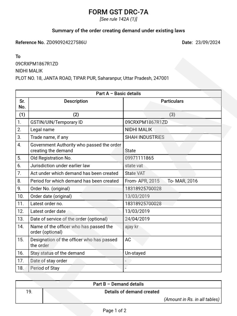 Form GST Drc-7a | PDF