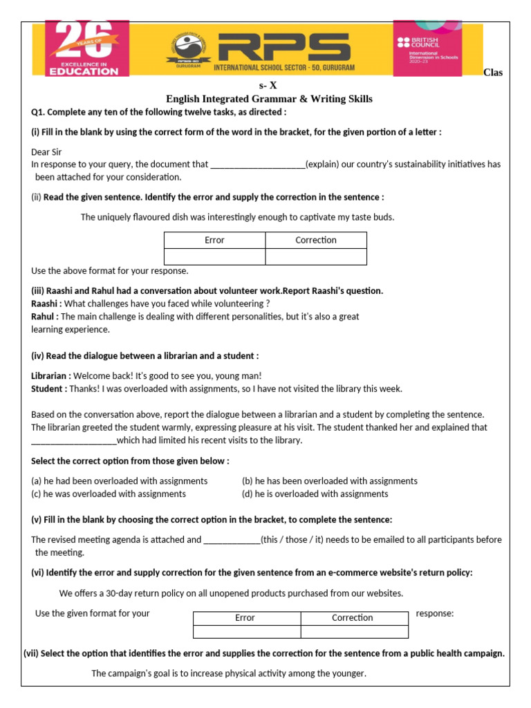class x sample paper 1 grammar | PDF