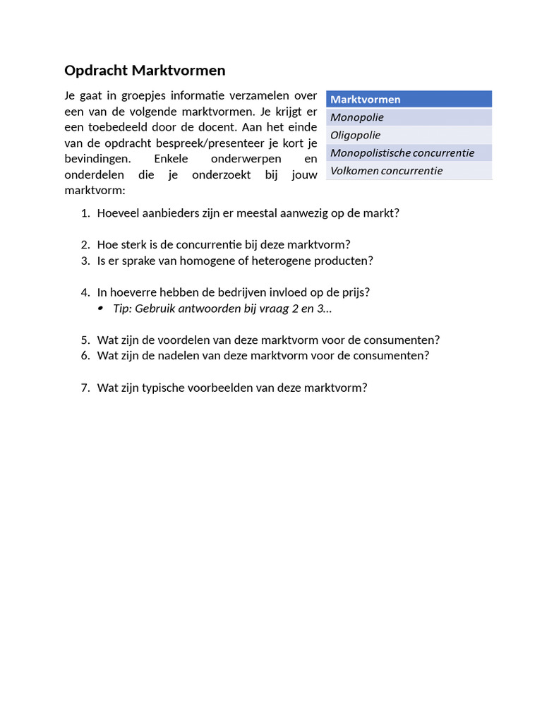 4T H3.4 - Opdracht Marktvormen | PDF