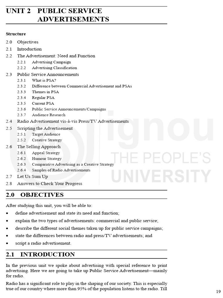 Unit 2 Public Service Advertisements: 2.0 Objectives | PDF