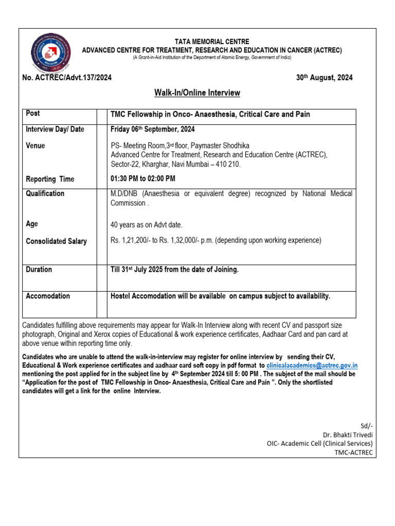 Final Advt - TMC Fellowship in Onco - Anaesthesia Critical Care and Pain | PDF | Clinical ...