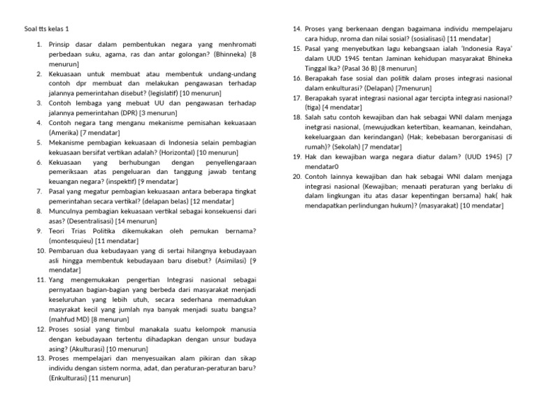 Soal Tts Kelas 1 | PDF