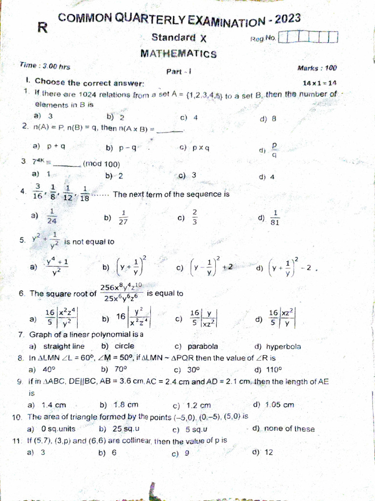 10th Maths EM Quarterly Exam 2023 Original Question Paper With Answer ...