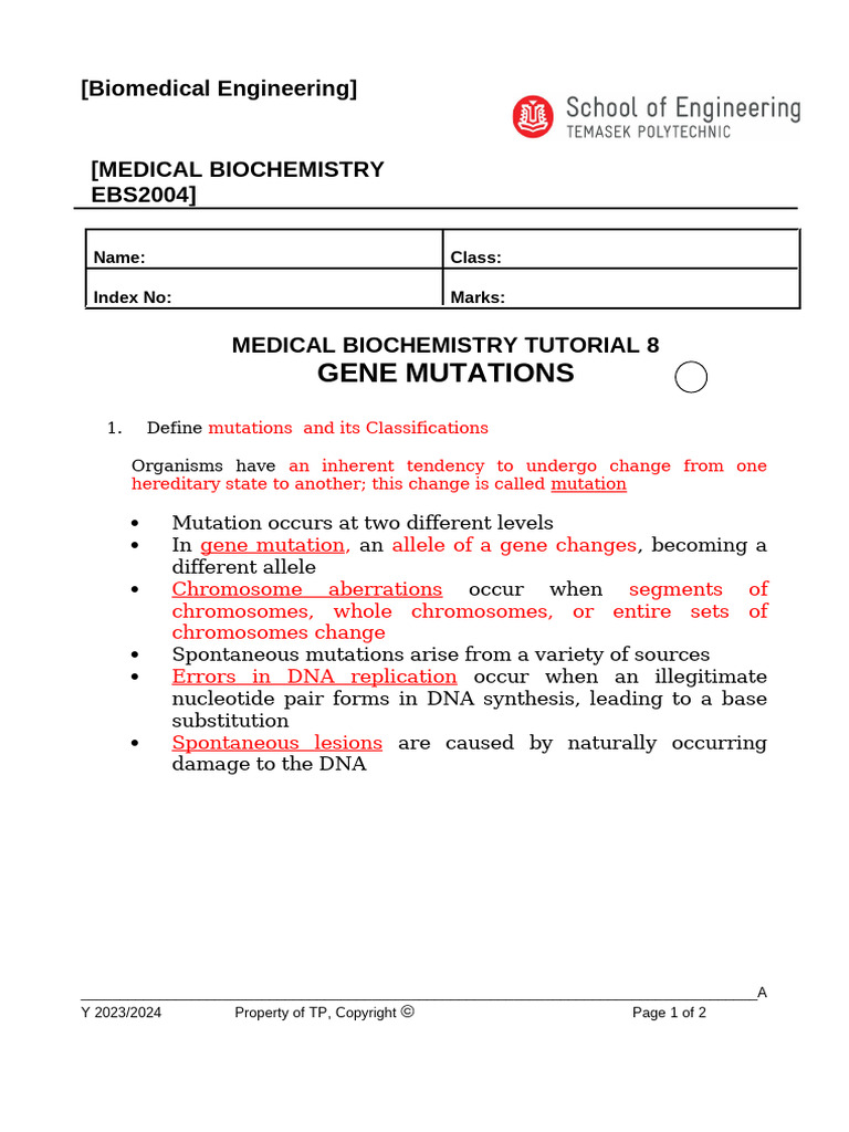 Tutorial8 - Gene Mutation Solutions | PDF