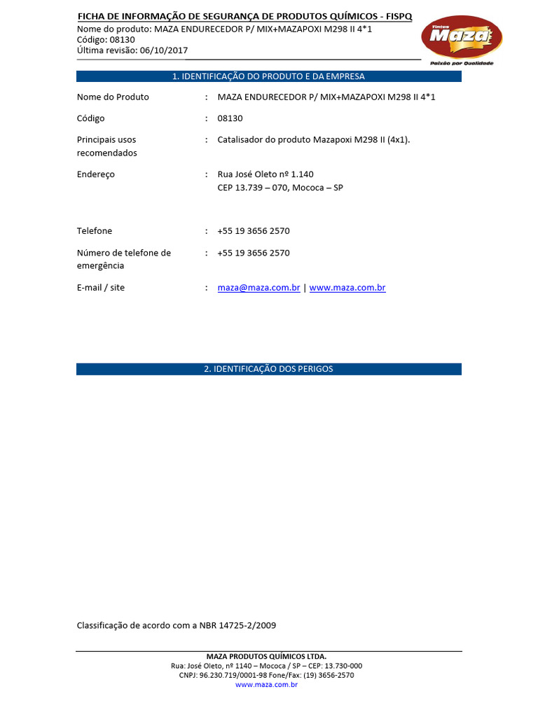 FISPQ Endurecedor para Mix Mazapoxi M298 II | PDF
