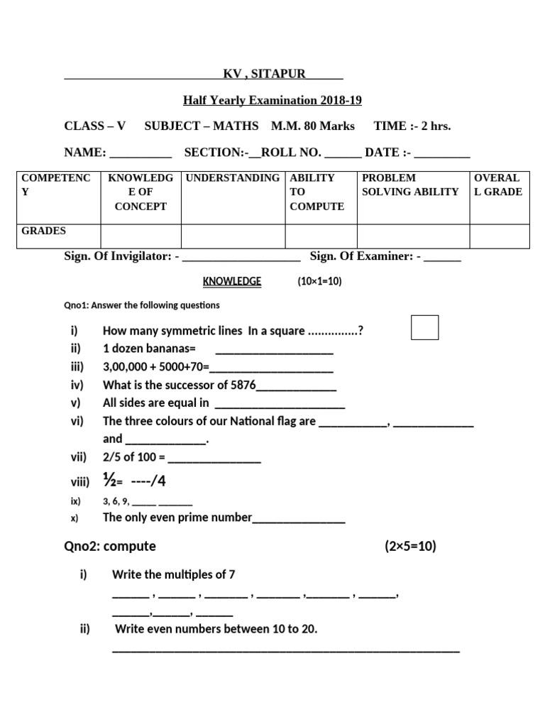 Class V Maths Half Yearly 2018 19 | PDF | Teaching Methods & Materials ...
